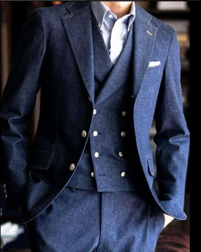 Vintage Denim Blue Men Suits Business Casual Slim Fit 3Pcs Fashion ...