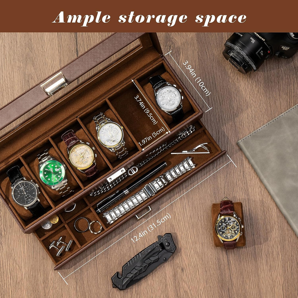6 Slot Watch Box with Drawer, Double-Layer Jewelry Organizer Box with ...