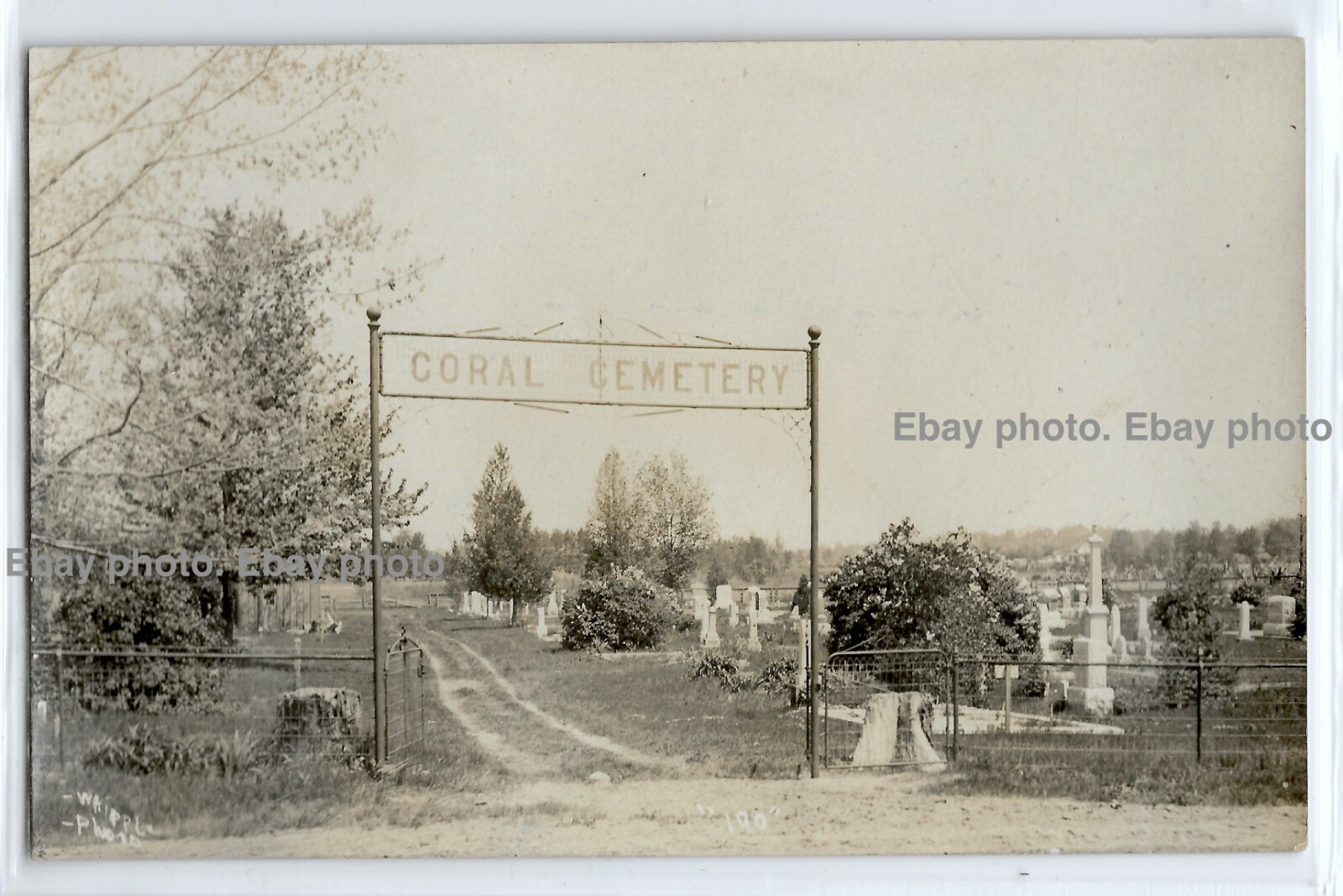 Cemetery entrance gate, graves, Coral, Michigan; photo postcard RPPC ...