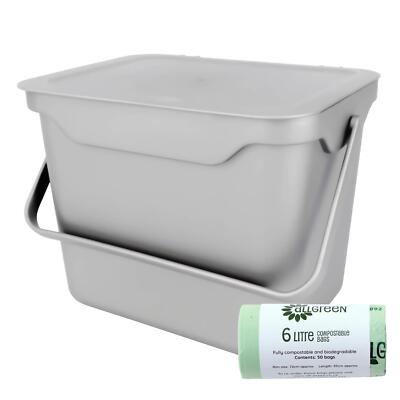 5L Grey Kitchen Compost Caddy/Food Waste Bin & 50 x 6 Litre Compostable ...