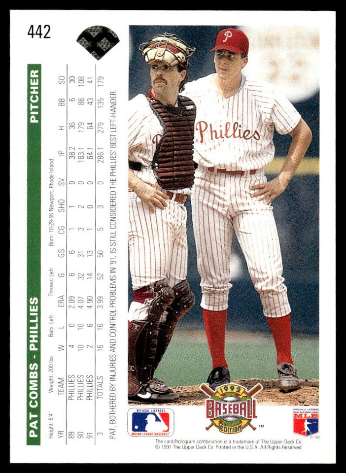 1992 Upper Deck 442 Pat Combs Philadelphia Phillies Baseball Card | eBay