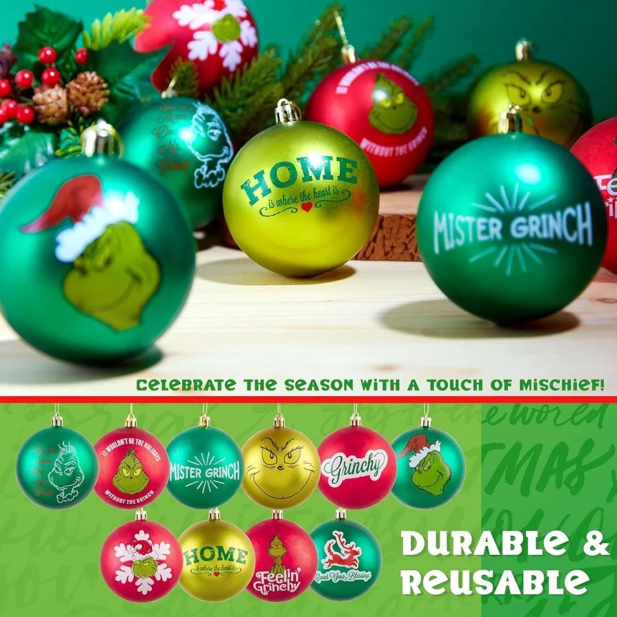 The Grinch Tree Baubles Christmas Decorations Pack of 10 Festive ...