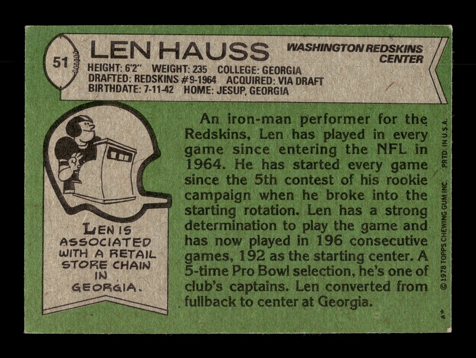 1978 Topps Football #51 Len Hauss Washington Redskins | eBay
