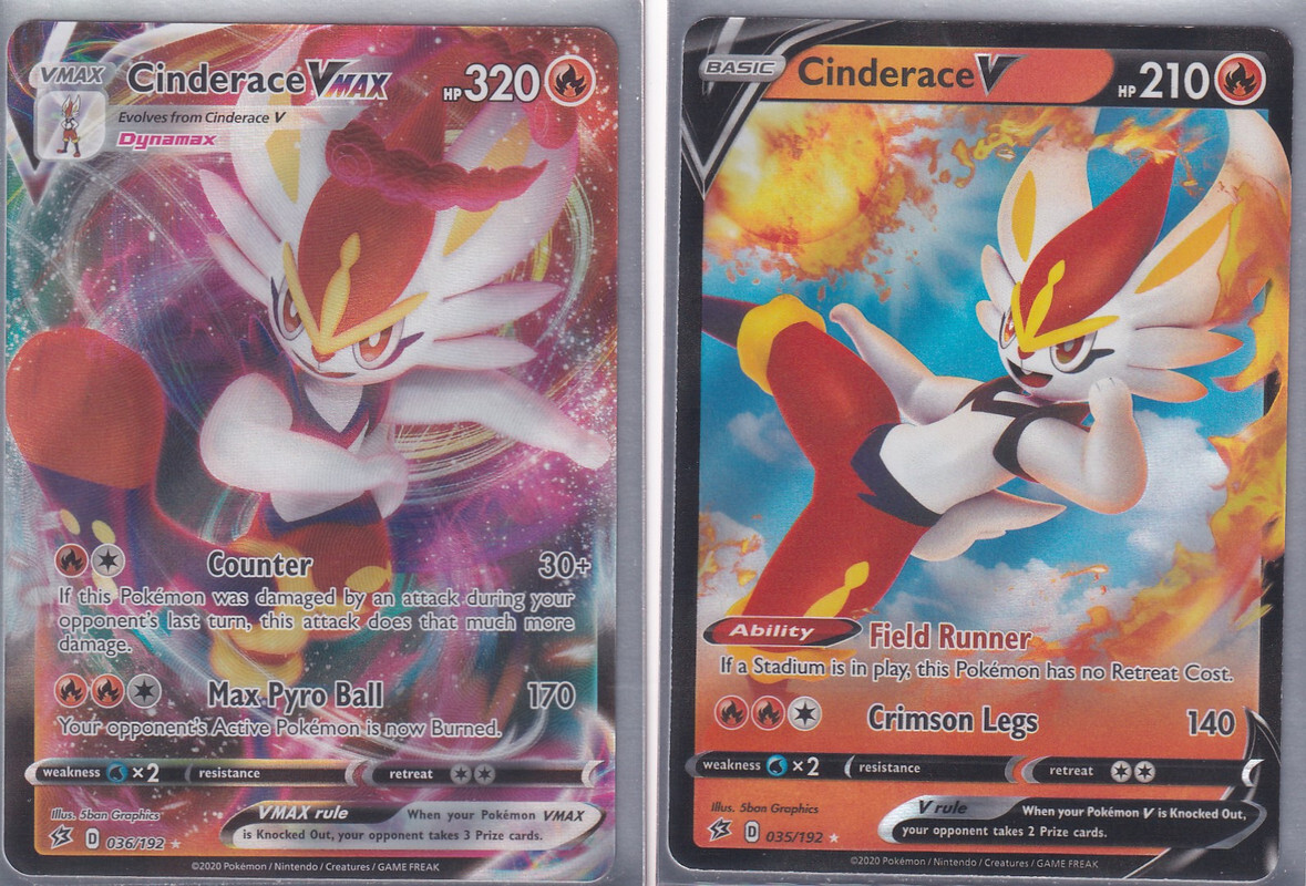 Cinderace V - 035/192 & Cinderace VMAX - 036/192 Ultra Rare 2 Card Set ...
