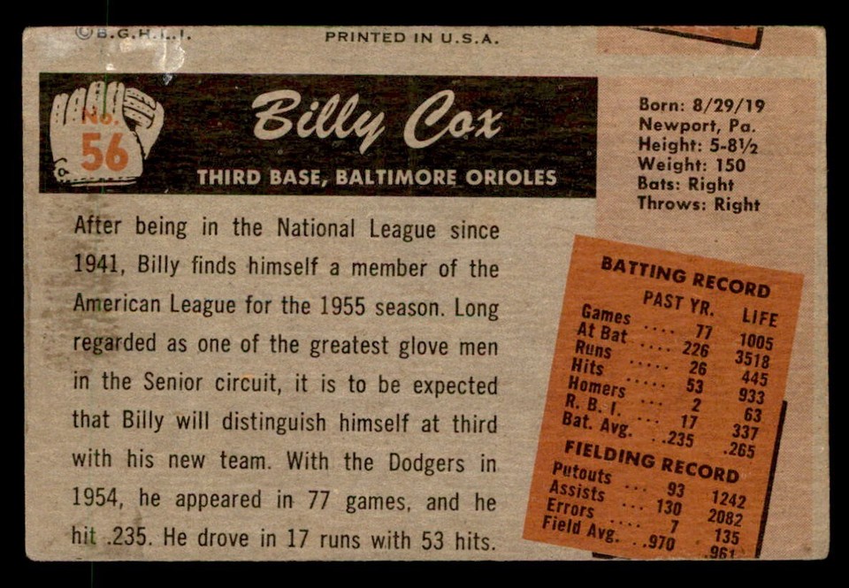 1955 Bowman Baseball #56 Billy Cox VG *g1 | eBay