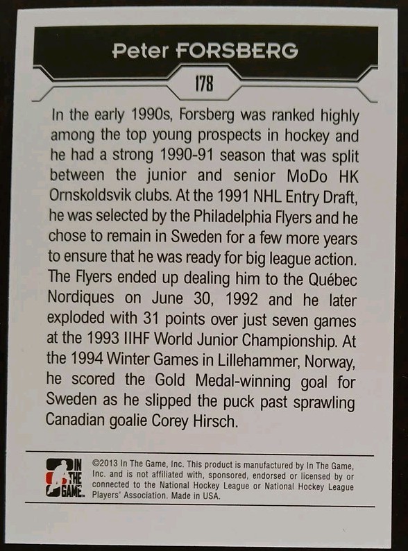 2013 - 2014 ITG Peter Forsberg First Round Draft Pick Decades The 90's ...