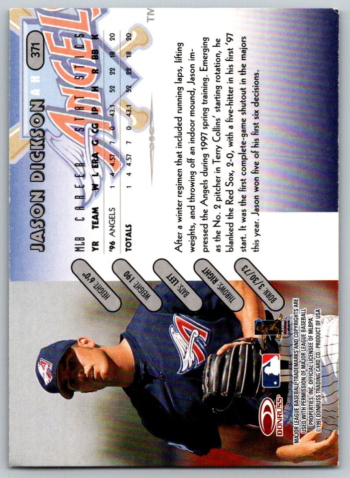 1997 DONRUSS JASON DICKSON ANAHEIM ANGELS #371 | eBay