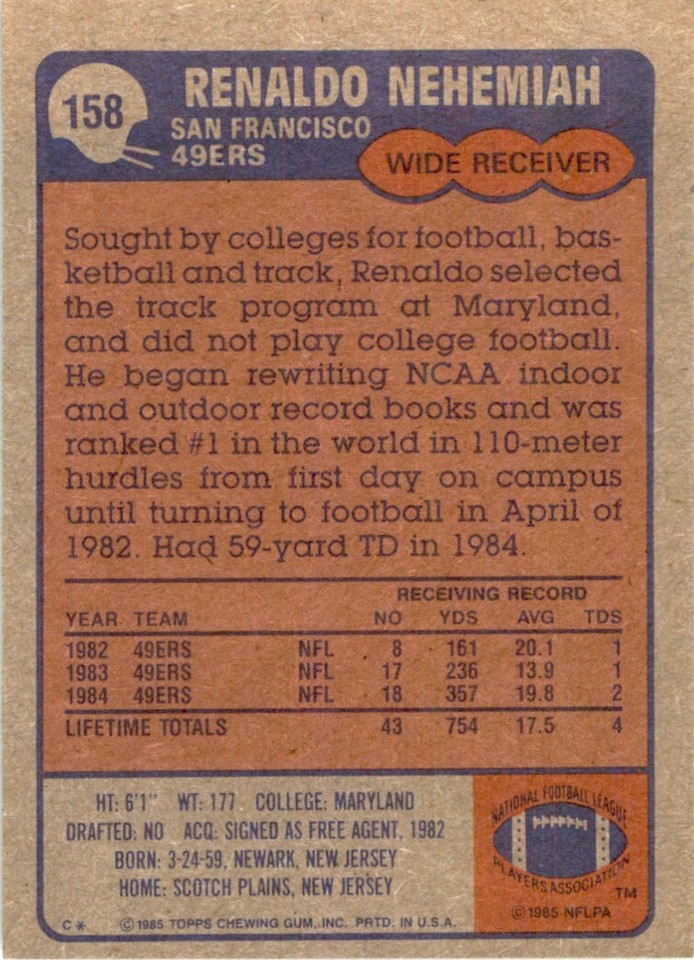 1985 TOPPS! RENALDO NEHEMIAH SAN FRANCISCO 49ERS #158 | eBay
