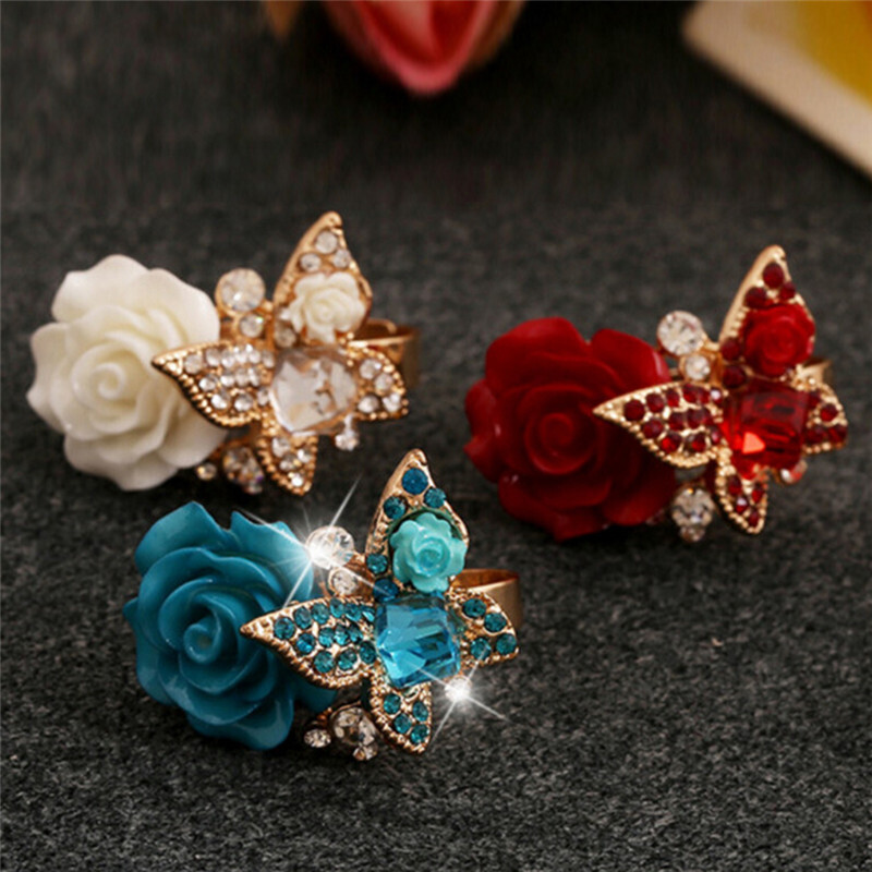 Adjustable Rose Butterfly Finger Ring Crystal Rhinestone Ring Jewelry A ...