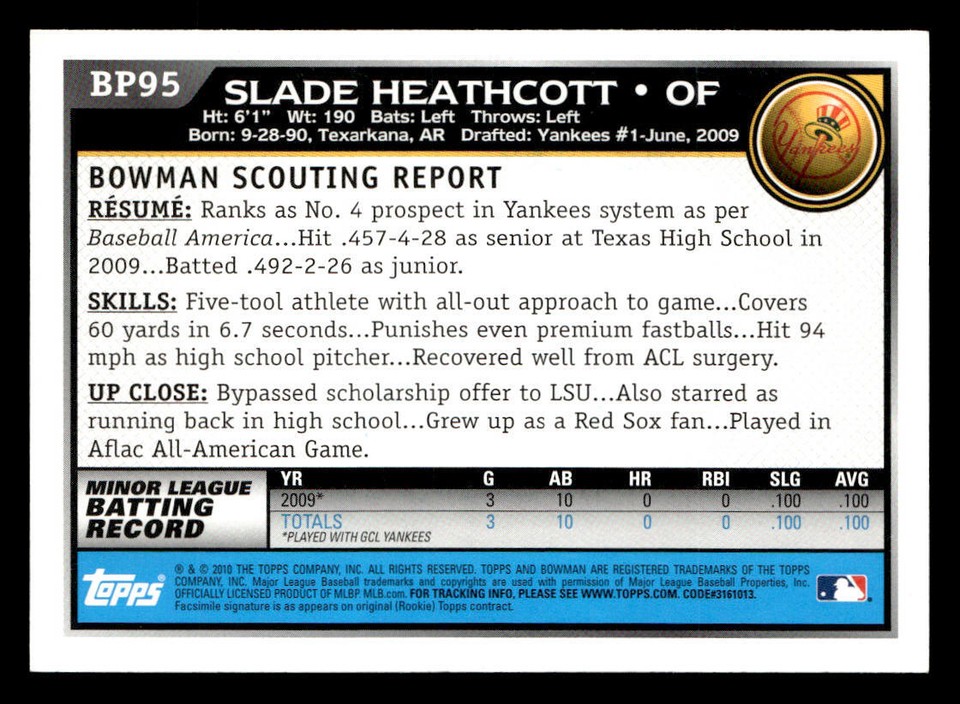 Slade Heathcott signed auto 2010 Bowman #BP95 card New York Yankees | eBay