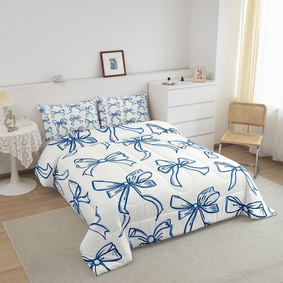 Blue Bow Bedding Set Cute Bowknot Comforter Set for Kids Boys Girls ...