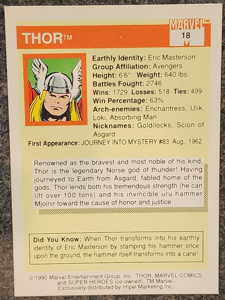 Thor 1990 Impel Marvel Universe Series 1 Super Heroes Trading Card #18 ...