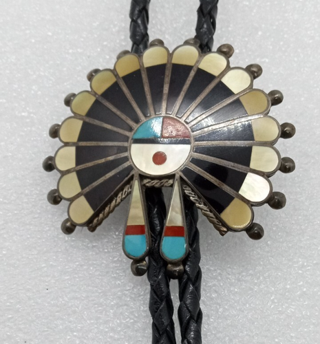Zuni Sterling Silver Sun Face Bolo Tie turquoise mop onyx red stone ...