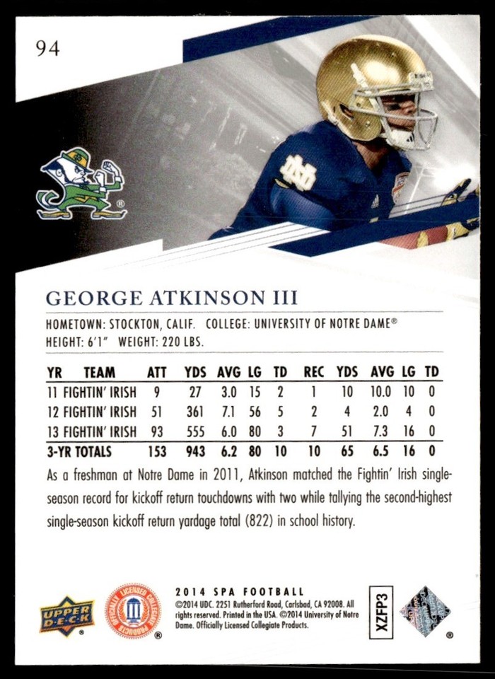 2014 SP Authentic George Atkinson III Rookie Notre Dame Fighting Irish ...
