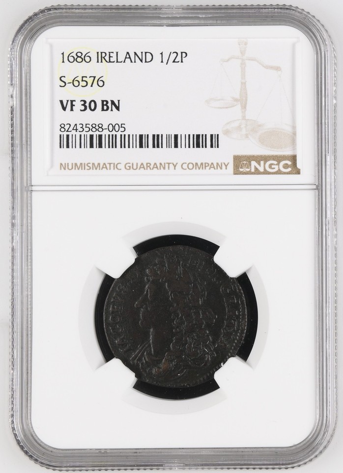 IRELAND - 1686 - JAMES II - 1/2 Penny, S-6576, KM 92 - NGC VF 30 BN | eBay