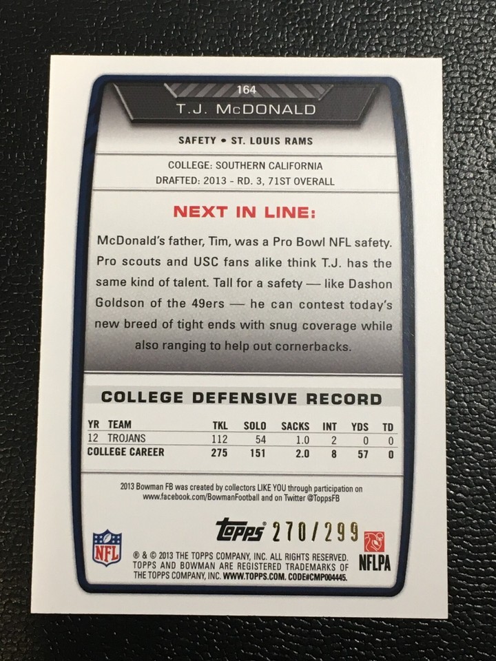 T.J. McDonald 2013 Bowman Orange Rookie #164 /299 St. Louis Rams | eBay
