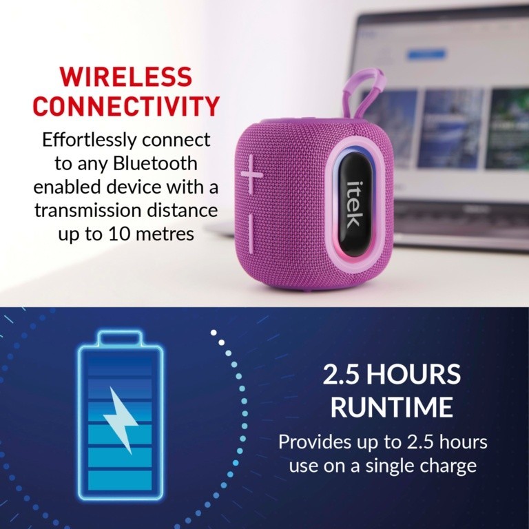"Itek Purple Wireless Bluetooth Speaker with 5W Output and LED Lights ...