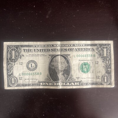 Binary Fancy Serial Number One Dollar Bill L 00066558 B Low Serial ...