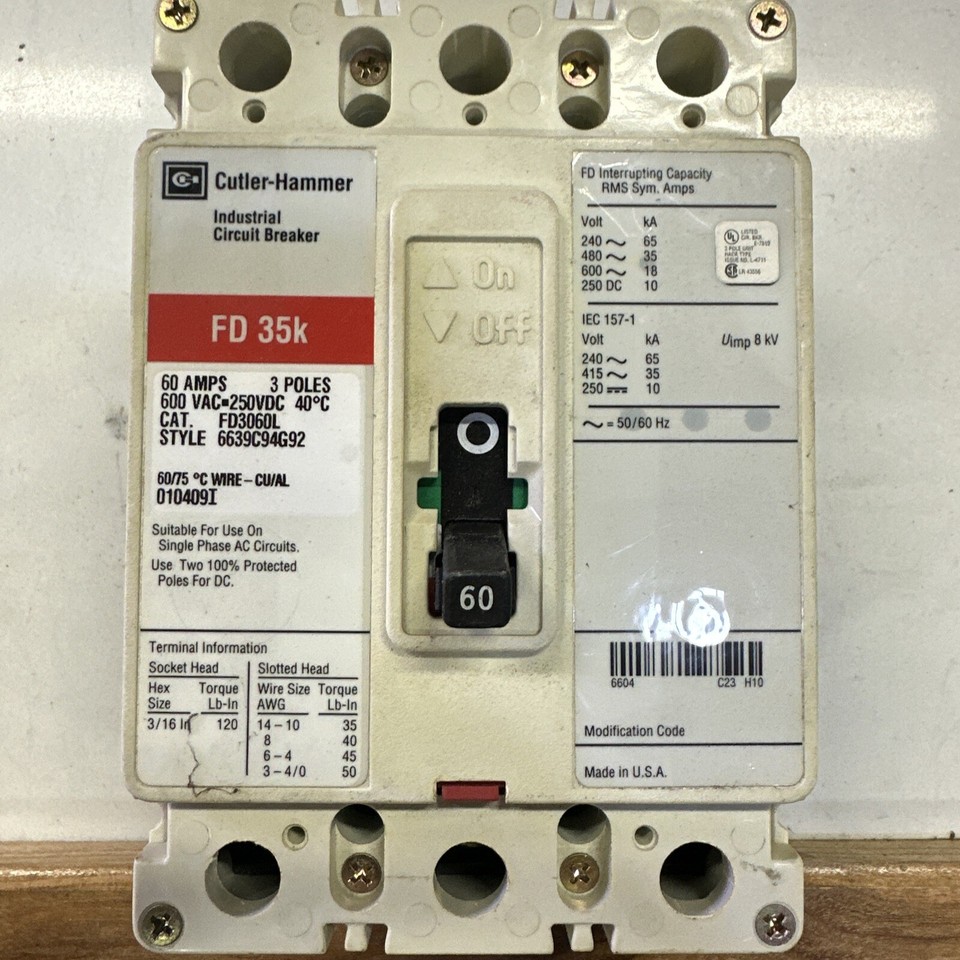 Eaton FD3060L Breaker 60A 600V 250VDC 3P 18KA Fixed Thermal Magnetic ...