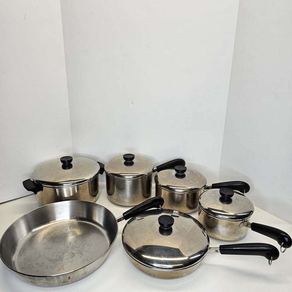 Vintage Revere Ware Stainless Steel Bottom Cookware Pots & Pans Set Lot ...