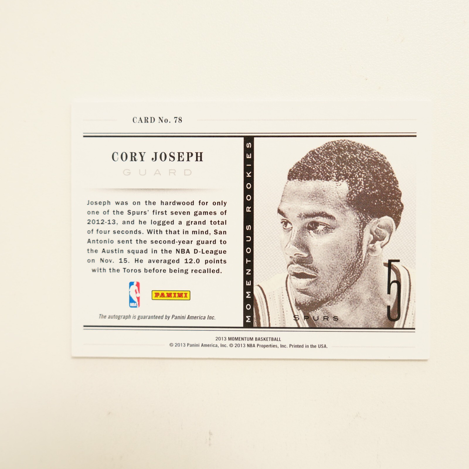 2012-13 Panini Momentum - Momentous Rookies Autographs #78 Cory Joseph ...