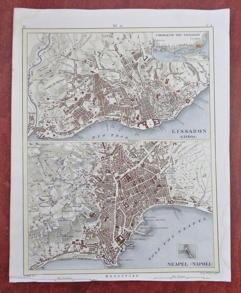 Lisbon & Naples Italy Portugal City Plans c. 1850's nice detailed hand ...