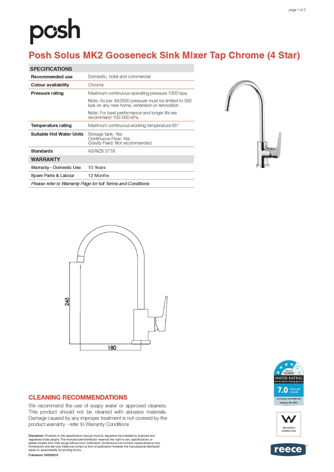 Posh SOLUS MKII GOOSENECK SINK MIXER Swivel Outlet WELS 4 Star 7.5L/Min ...