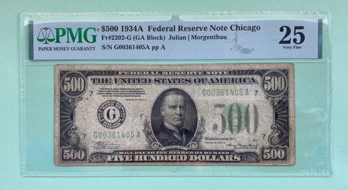 1934 -A $500. FIVE HUNDRED DOLLARS FEDERAL RESERVE NOTE PMG VERY FINE ...