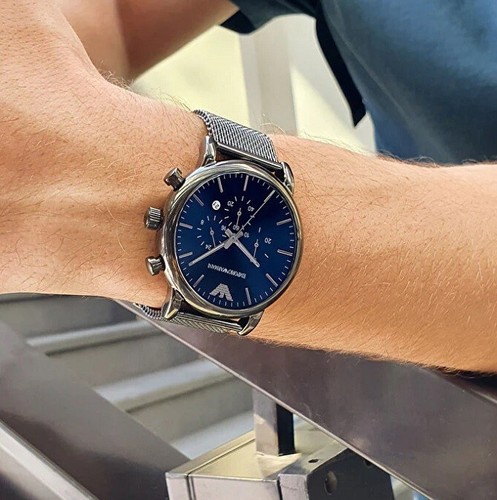 NEW EMPORIO ARMANI MENS WATCH STAINLESS STEEL GREY MESH BAND & BLUE ...