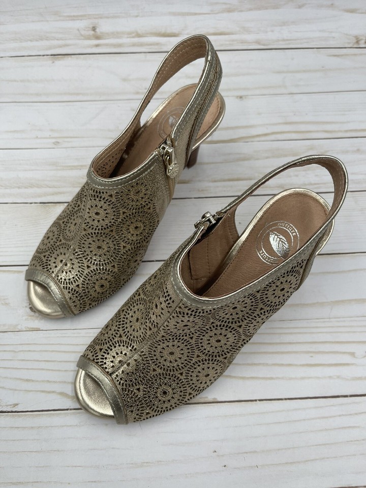 Nurture Shoes Womens 7.5 Leather Slingback Heels Lasercut Metallic Side ...