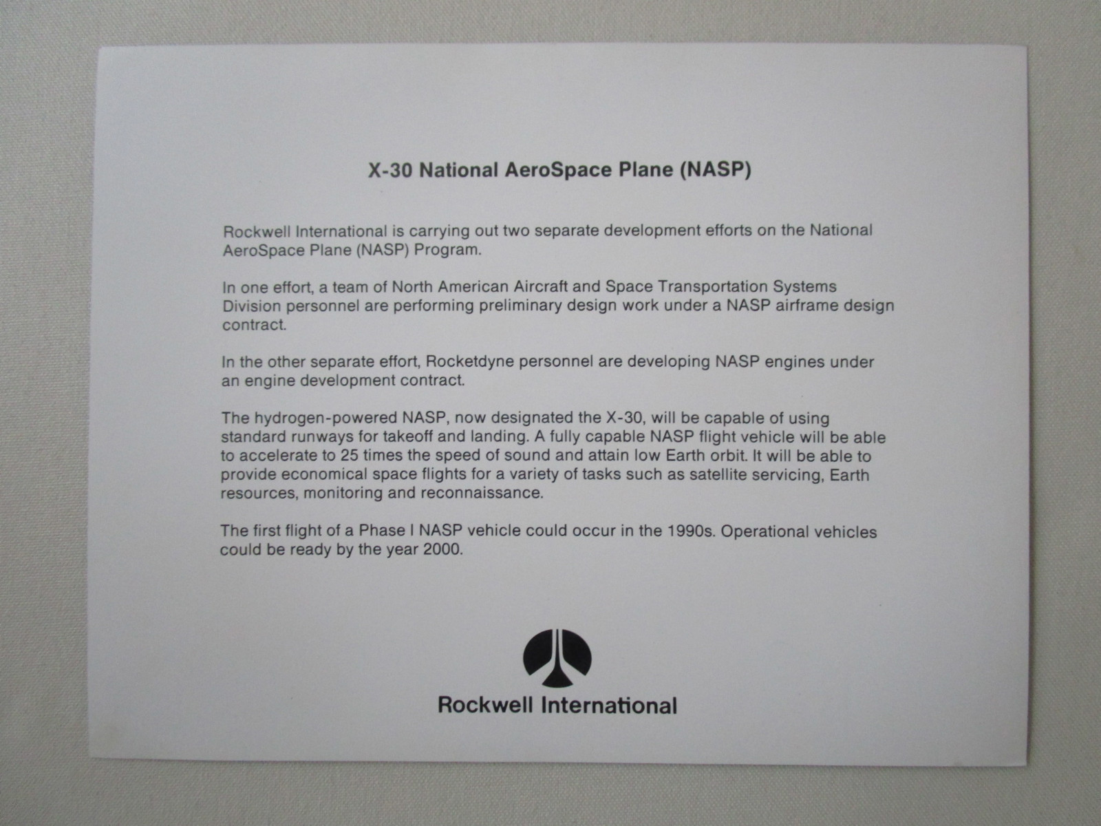 DOCUMENT PUBLICITAIRE ROCKWELL INTERNATIONAL X-30 NASP NATIONAL ...