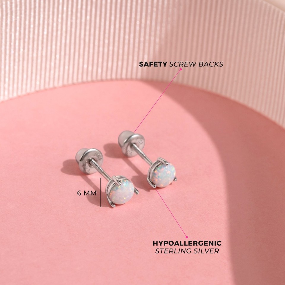 Opal Prong Kids / Children's / Girls Earrings Screw Back - Sterling ...