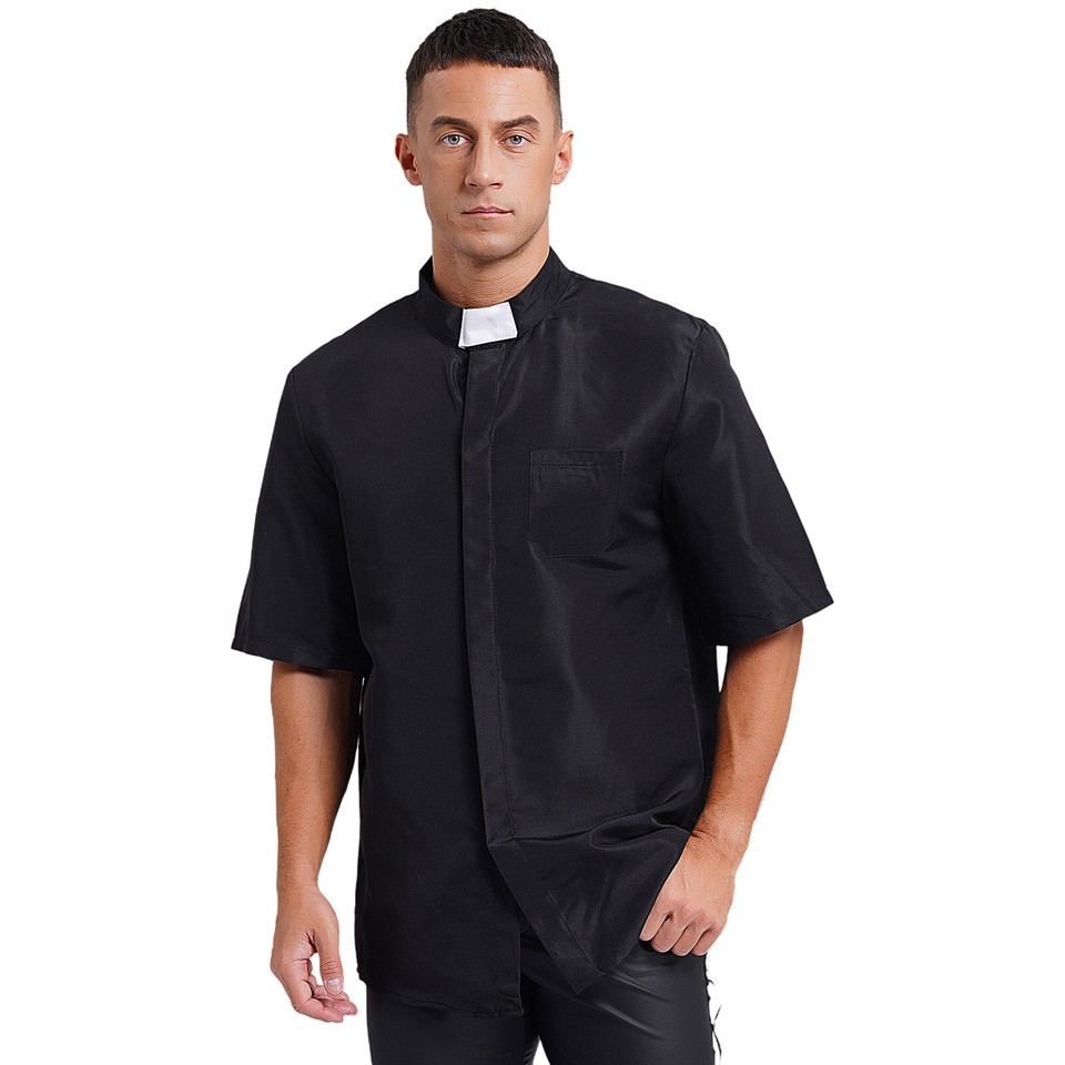 Men Priest Clergy Shirt Short Sleeves Stand Collar Worship Top ...