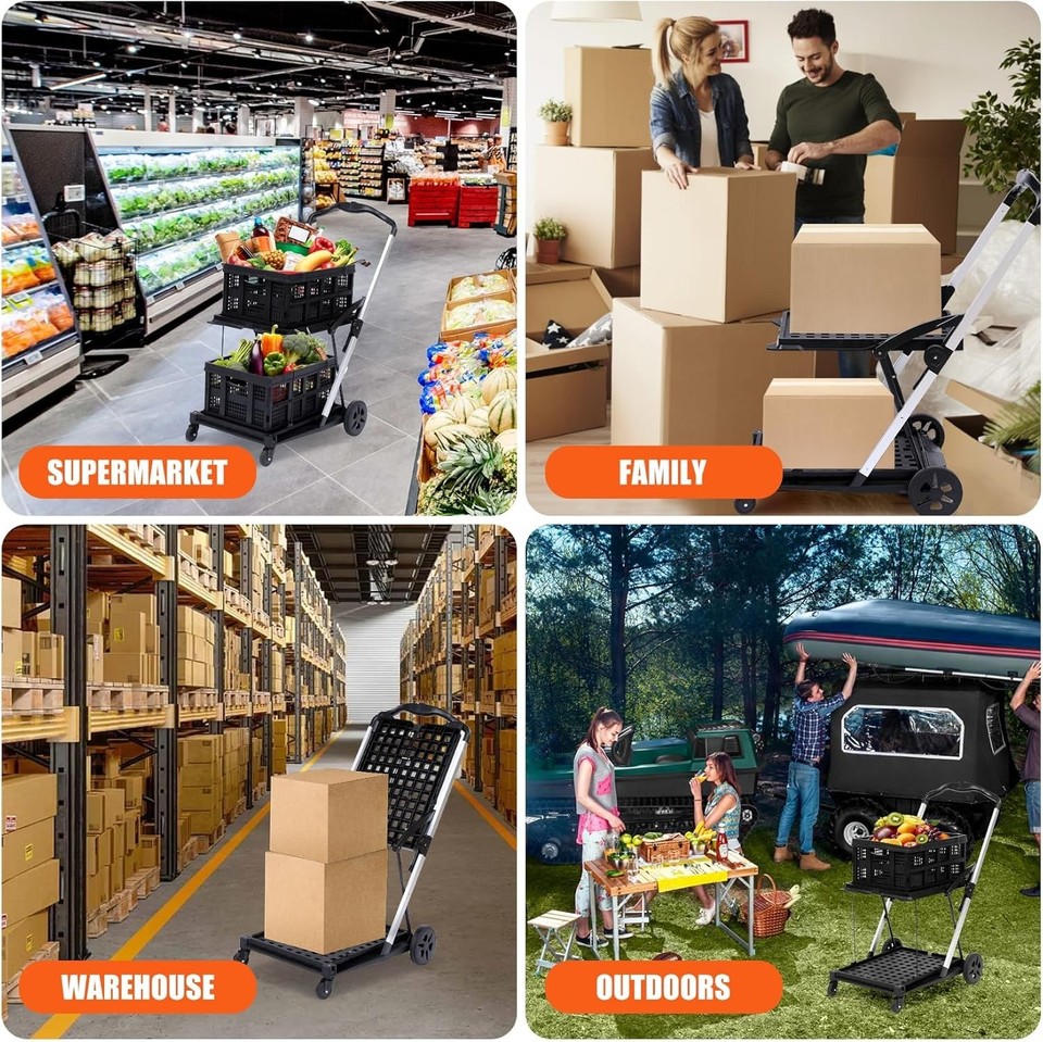 Folding Shopping Cart w/Wheels Collapsible Cart with Storage Crate 2 ...