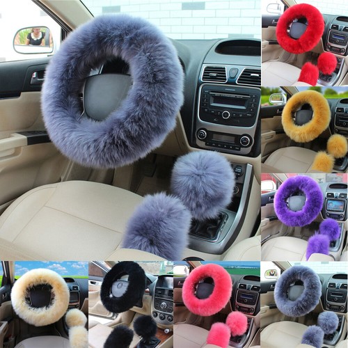 3Pcs Universal Car Plush Fuzzy Steering Wheel Cover Wool Fur Knob ...