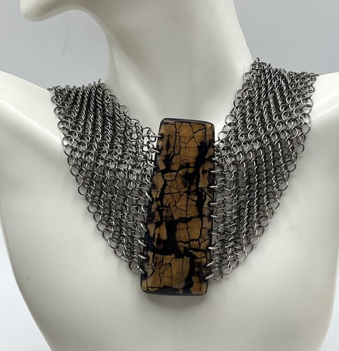 Vintage Boho Silver Mesh Bib Necklace 1970s Stone Necklace 19” | eBay