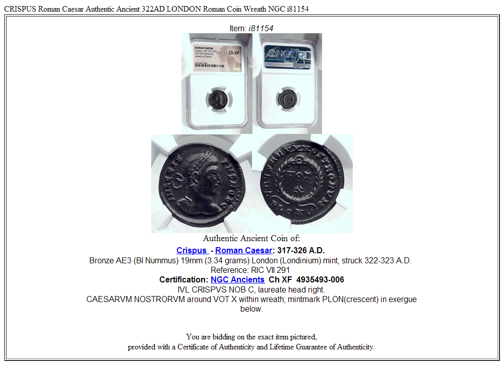 CRISPUS Roman Caesar Authentic Ancient 322AD LONDON Roman Coin Wreath ...