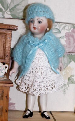 Antique Doll Dress, Pants, Mohair Sweater + Hat Set for 7" Mignonette ...