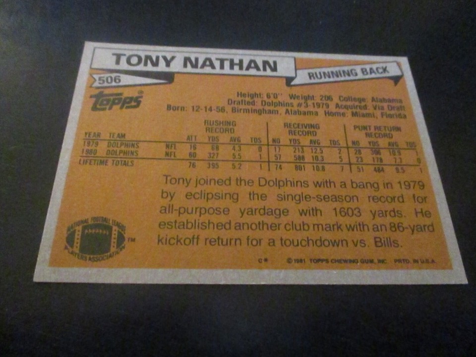 tony nathan (miami dolphins - wr) 1981 topps ROOKIE CARD #506 nr/mint ...