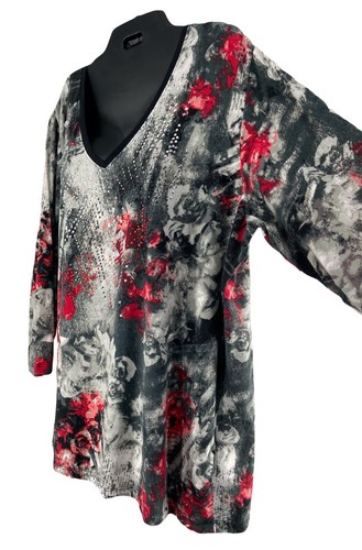 Onque Woman Size 2X Floral V-Neck Tunic Multicolor Embellished 3/4 ...