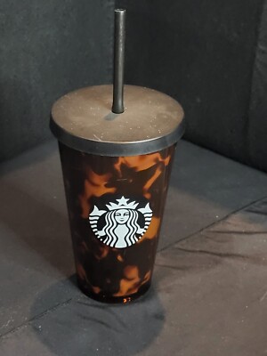 Starbucks Tortoise Shell Tumbler Black Brown Cold Cup Straw RARE 16oz ...