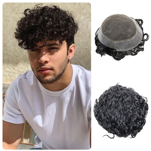 Mens Weave Hair Unit Black Men 100% Human Hair 20mm Curly Mens Hair ...