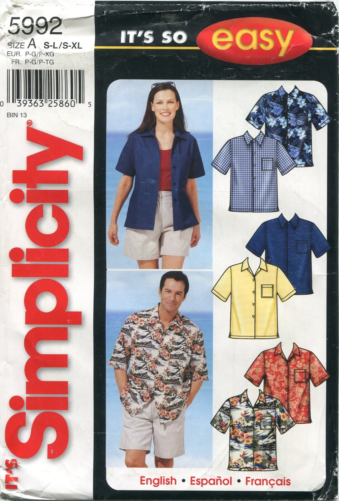 Simplicity 5992 Unisex Shirts Sewing Pattern Uncut Size Misses S-L ...