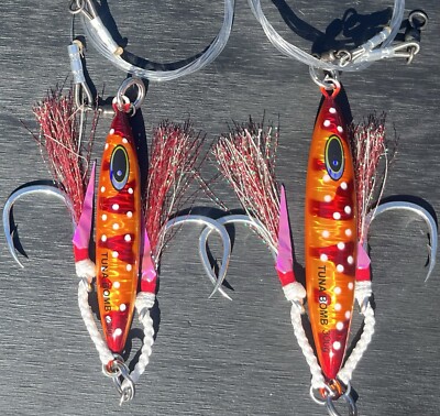2 TUNA Bomb Jigs 200g & 300g 9/0 BKK Hooks Fast Sinking Bluefin Glow ...