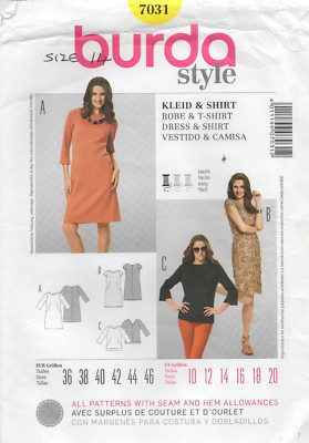 Burda Sewing Pattern 7031 EASY Dress & Top Fitted, Cap or 3/4 Sleeve Sz ...