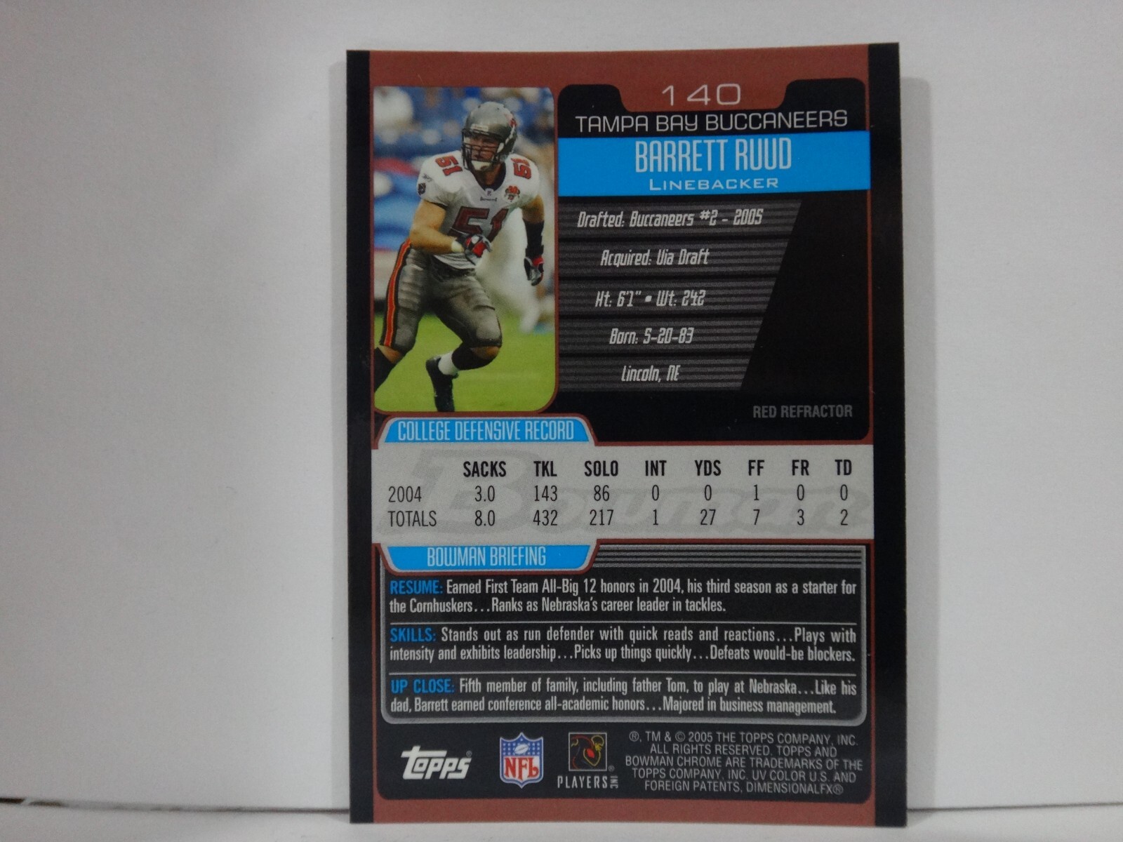 2005 Bowman Chrome - Red Refractor #140 Barrett Ruud (RC) for sale ...