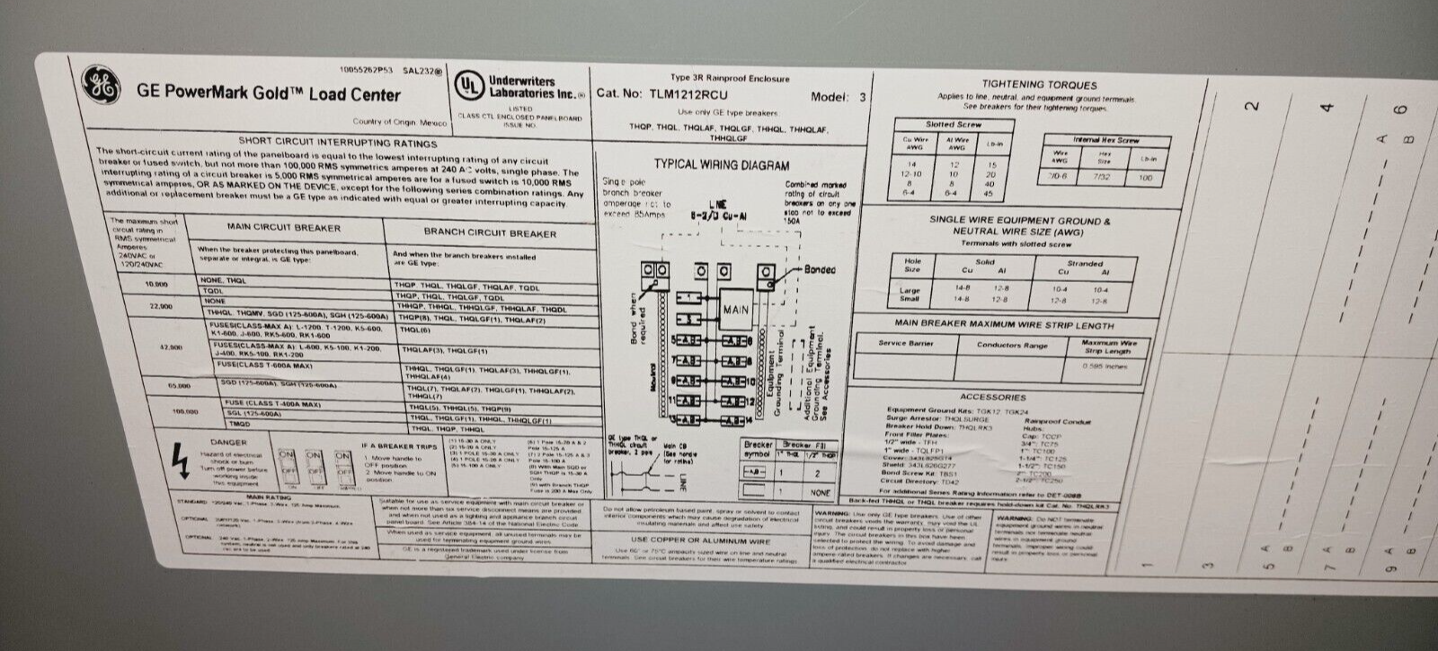 GENERAL ELECTRIC TLM1212RCU 125 AMP MAIN LUG PANEL 12CRK 22K TYPE-3R | eBay