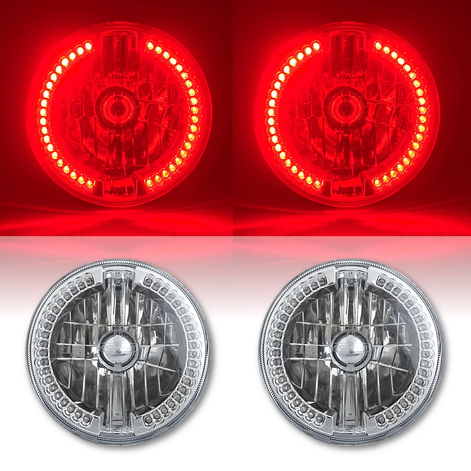 7" Halogen Red Split LED Halo Ring Angel Eye Headlight Headlamp Light ...