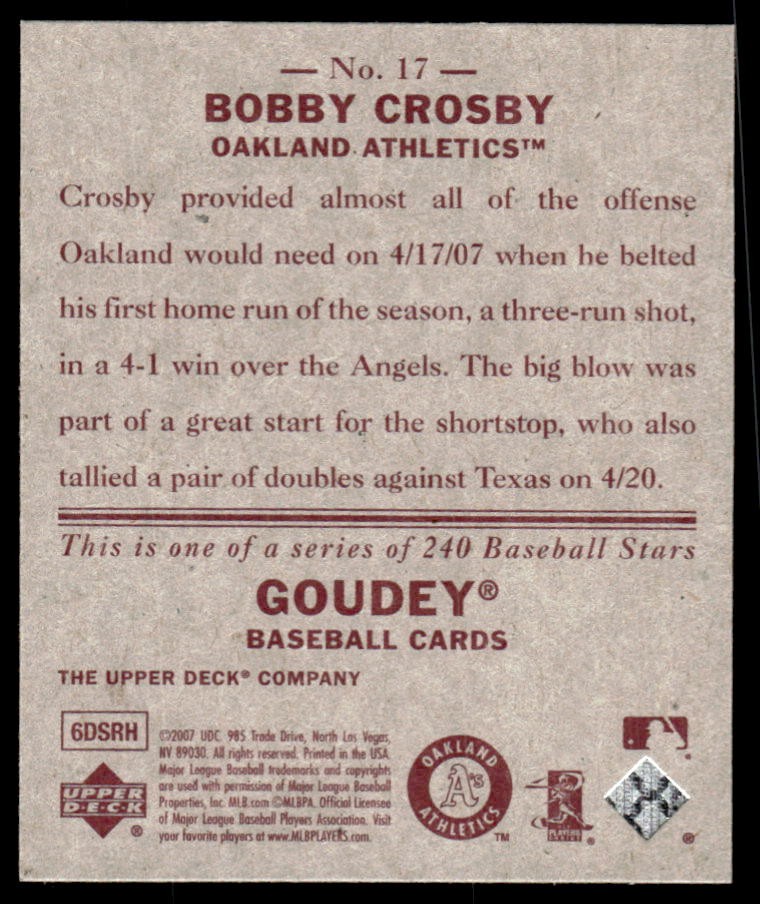 2007 Upper Deck Goudey Red Backs Bobby Crosby #17 Oakland Athletics | eBay