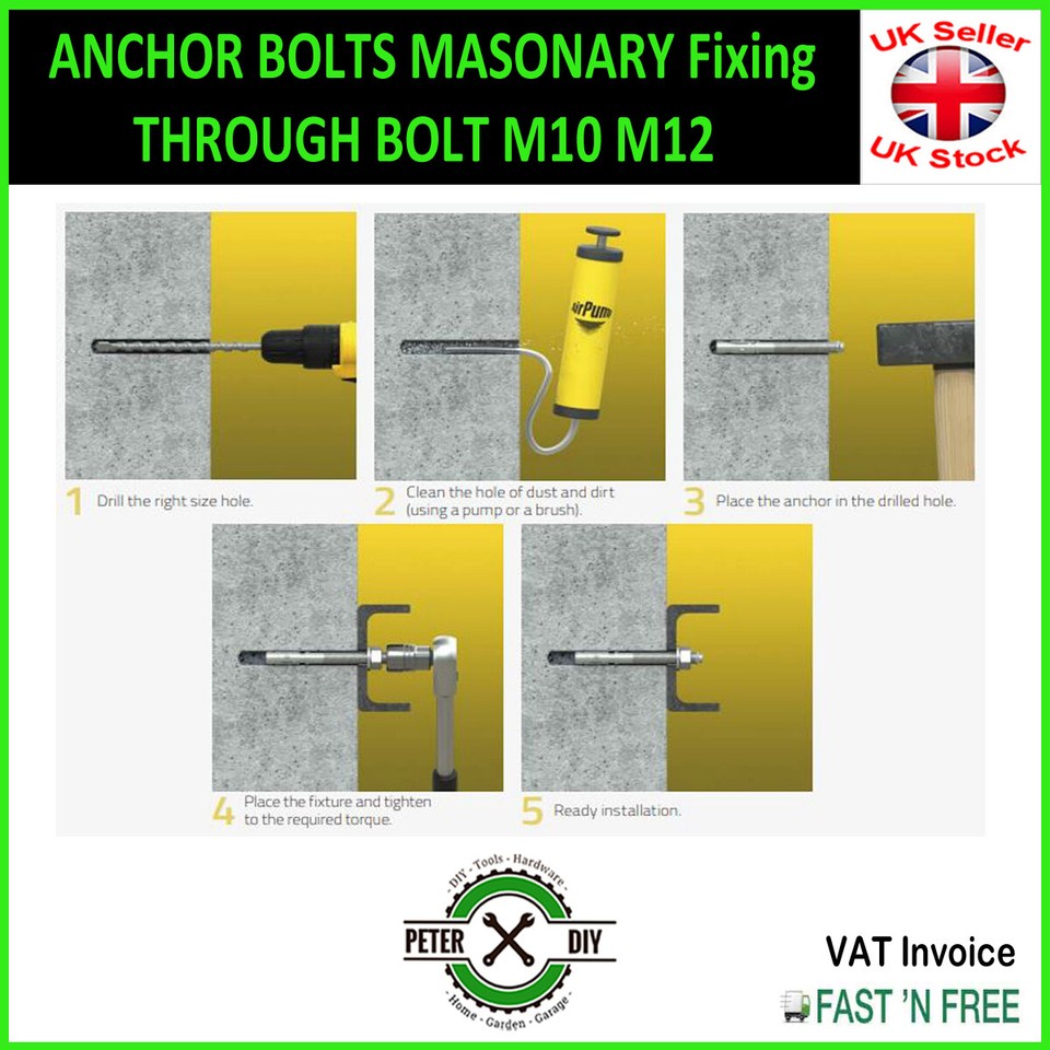 ANCHOR BOLTS MASONARY Fixing THROUGH BOLT M10 M12 CONCRETE FIXINGS 75 ...